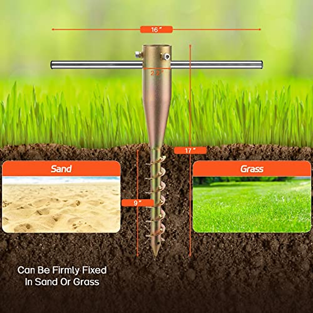 FactionGarden Beach Umbrella Anchor, 17 Inches Heavy Duty Metal No Dig Ground Anchor Post Umbrella Holder Ground Screw Anchors