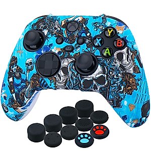 YoRHa Transer Printing Silicone Thickened Cover Skin Case for Xbox Series X/S Controller x 1(Witch) with Thumb Grips x 10