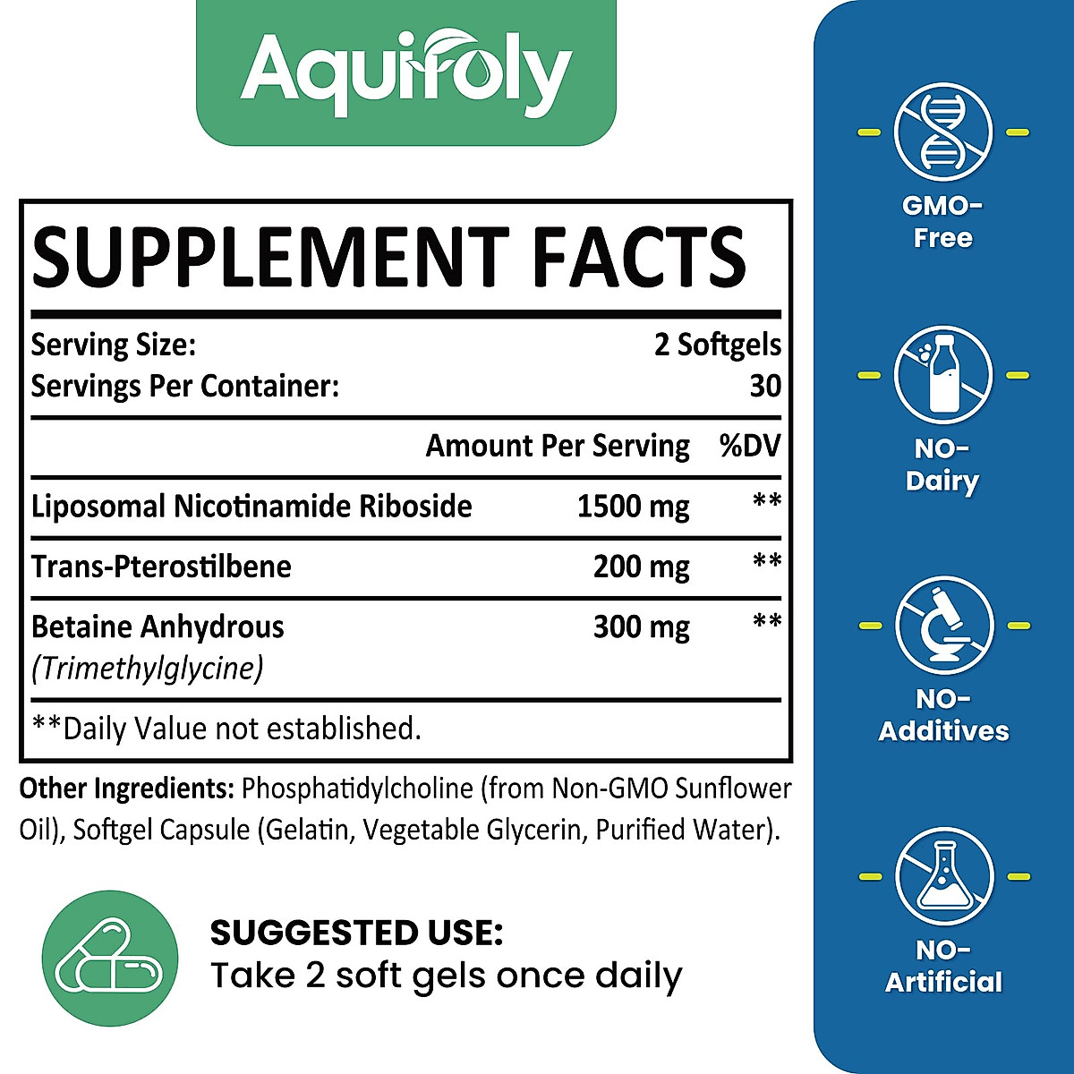 Aquifoly Liposomal Nicotinamide Riboside Supplement 2000 mg with TMG and Pterostilbene for Maximum Absorption, Superior to NAD, Boosting NAD+, Cellular Energy, and Age Defense, 60 Softgels