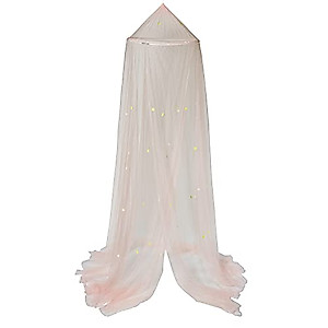 Pink Princess Bed Canopy with Stars, Mosquito Net for Nursery, Kids Bedding, Hanging Mesh Play Tent Curtain Accessories, Glow in The Dark Shapes, Privacy Fabric for Toddler, Baby, Kid