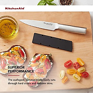 KitchenAid Gourmet Forged Stainless Steel Serrated Utility Knife with Custom-Fit Blade Cover, 5.5-inch, Sharp Kitchen Knife, High-Carbon Japanese Stainless Steel Blade, Brushed Stainless Steel Handle