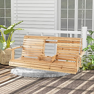 Giantex Outdoor Hanging Porch Swing - 2-Seat Wood Swing Bench with Folding Cup Holder and Sturdy Metal Hanging Chains, Outside Patio Swing Chair for Garden, Backyard, Poolside, Natural