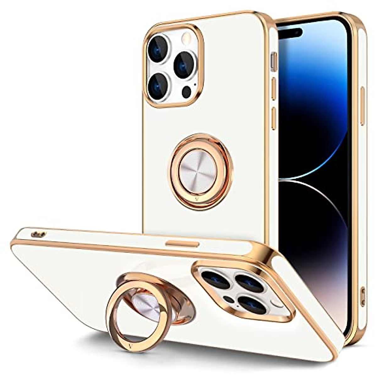 Hython Case for iPhone 14 Pro Case with Ring Stand [360° Rotatable Ring Holder Magnetic Kickstand] [Support Car Mount] Plated Gold Edge Slim Soft TPU Luxury Protective Phone Case Cover, White