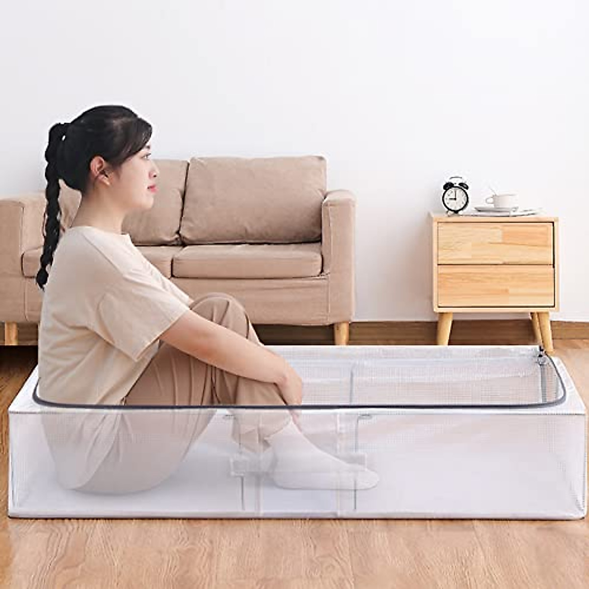 eYourlife2012 2 Packs Under Bed Dormitory Quilt Clothes Storage Box Organizer Transparent Flat Stackable Foldable Visible PVC Mesh with Steel Frame Storage Boxes Organizers