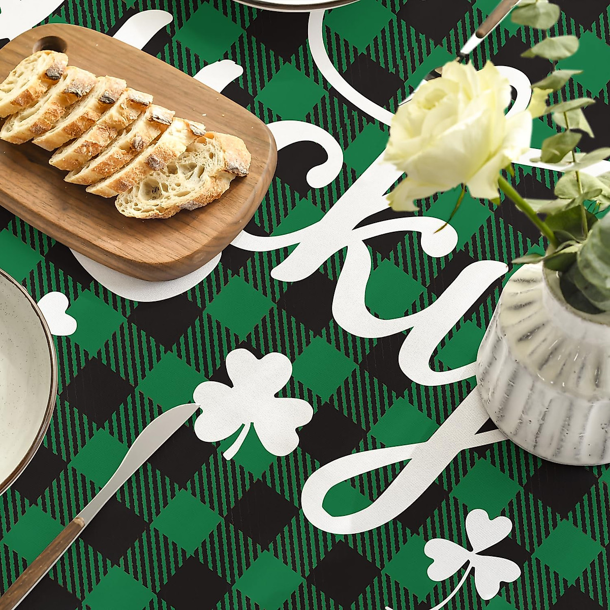 Horaldaily St. Patrick's Day Rectangular Tablecloth 60×84 Inch, Buffalo Plaid Shamrock Lucky Washable Table Cover for Party Picnic Dinner Decor