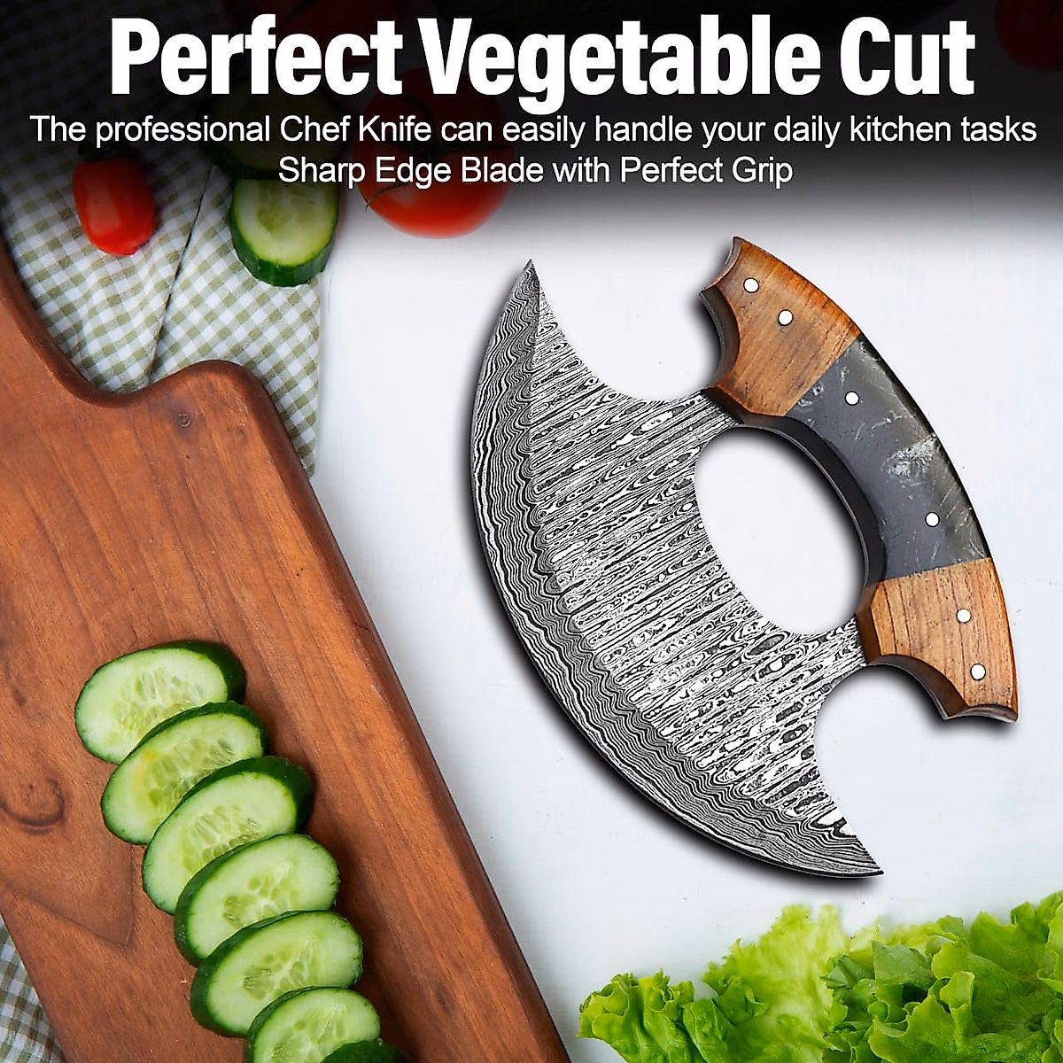 SHANZAY KNIVES SK Damascus ulu knife with leather sheath,6" pizza cutter with wooden handle for stable grip,Alaskan Ulu Knife Used For Multi-Purpose And gifting Its promise to make you happy!