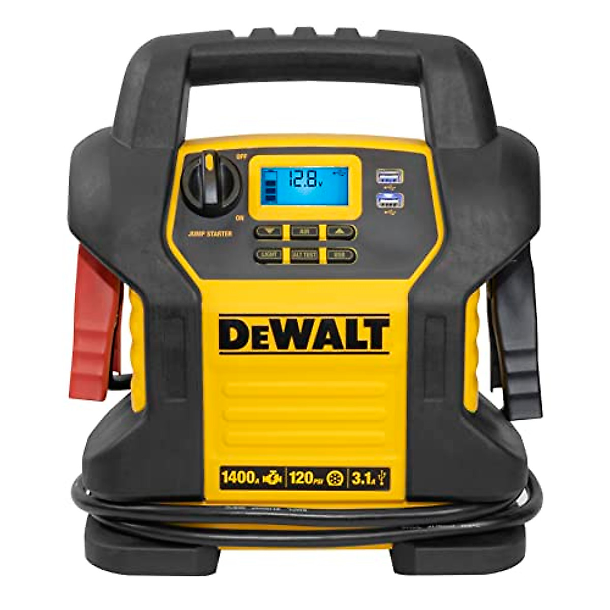DEWALT DXAEJ14 Digital Portable Power Station Jump Starter: 1400 Peak/700 Instant Amps, 120 PSI Digital Air Compressor, 3.1A USB Ports, Battery Clamps , Yellow