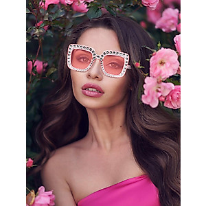 Frienda 2 Pieces Oversize Square Sparkling Sunglasses Retro Thick Frame Sunglasses (Clear Pink, Black)
