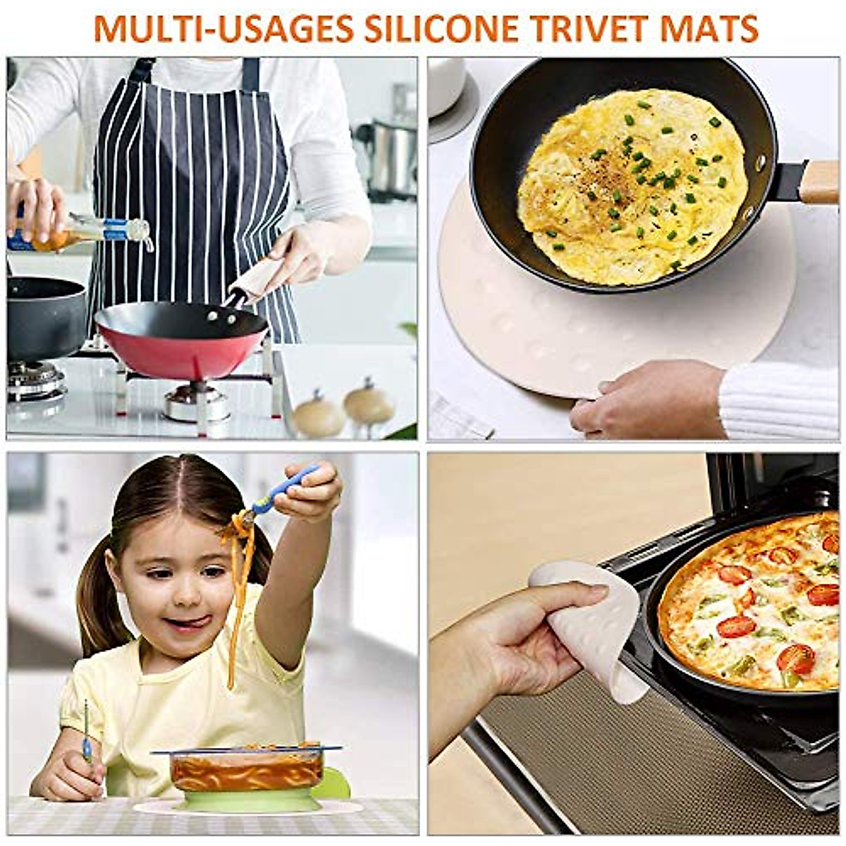 Silicone Trivet Mat Pot Holders, 5 Pack Heat Resistant Non-Slip Kitchen Trivets, Super Soft Flexible Easy to Wash and Dry, Perfect for Hot Pots and Pans, Dining Table and Countertop, Jar Opener