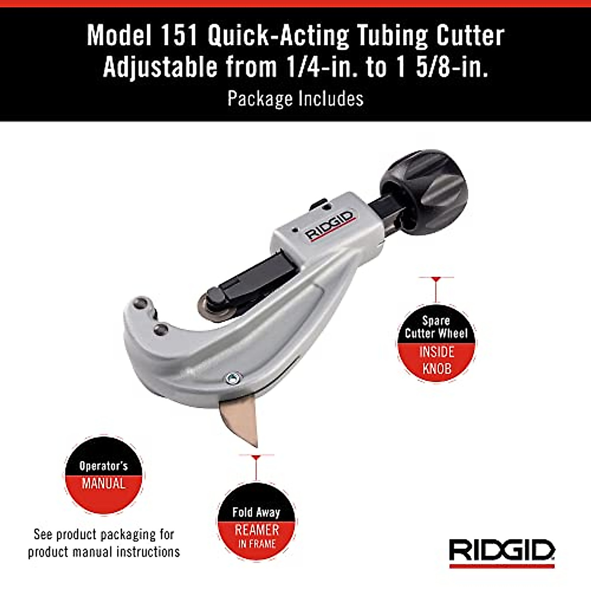 RIDGID 31632 Model 151 Quick-Acting Tubing Cutter with 1/4"-1-5/8" Cutting Capacity, Silver Black