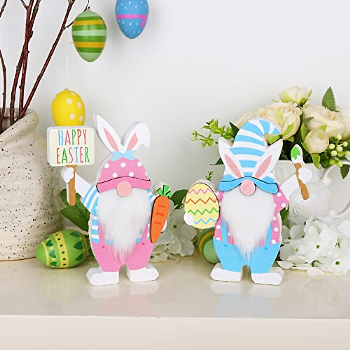 Treory Easter Decorations for The Home, 2 pcs Easter Bunny Shape Gnome Freestanding Wooden Table Centerpiece Signs Easter Gnomes for Tabletop Home Tiered Tray Decor Farmhouse for Easter Gifts