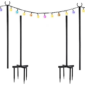 String Light Poles for Outdoor Lights 2 Pack,100 Inch Height Adjustable Metal Stand Pole with Hooks Hanging Lights，Garden, Backyard, Patio Lighting Parties, Wedding (Black)