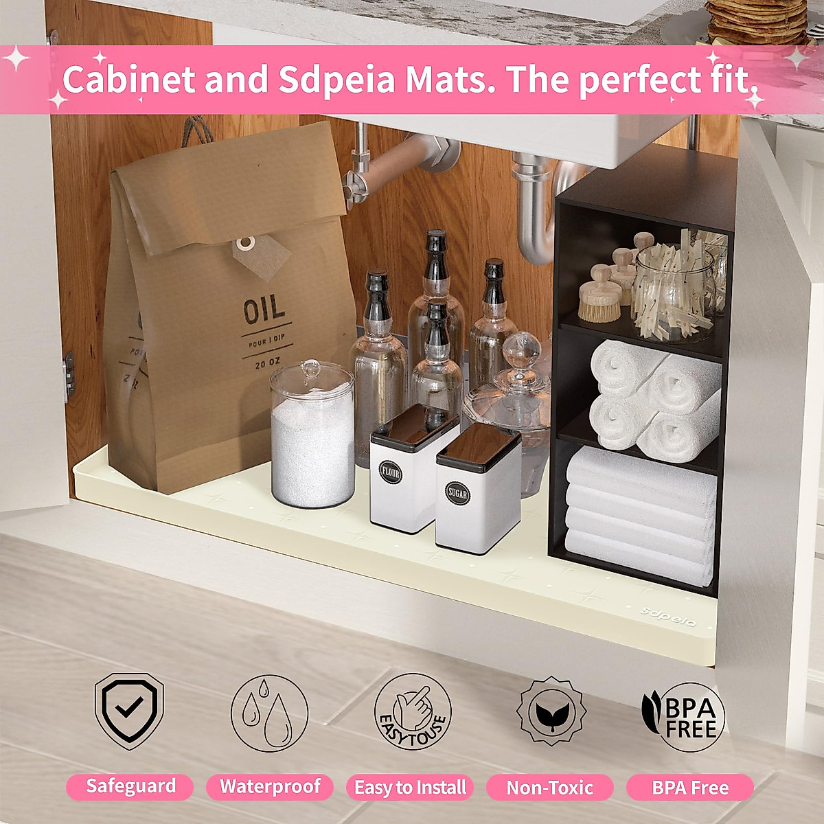 Sdpeia Under Sink Mat for [34" x 22"] Cabinet, Upgraded Silicone Waterproof Mat Kitchen Cabinet Liner Cabinet Protector Kitchen Organizers and Storage