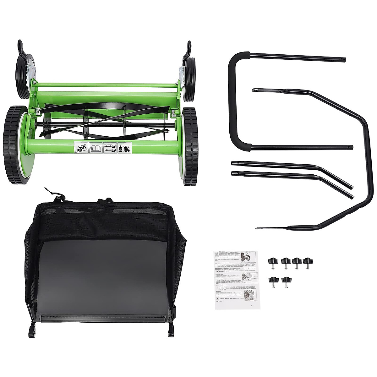 BANLICALI Grass Trimmer, 16-Inch 5-Blade Cordless Manual Reel Lawn Mower with Grass Collection Basket and Wheel, 9-Position Adjustable Height (1.34"-2.52"), Weed Wacker for Home Lawn Edger Green