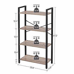 VASAGLE 4-Tier Tall Bookshelf, Bookcase with Steel Frame, Book Shelf for Living Room, Home Office, Study, 11.8 x 25.9 x 47.2 Inches, Industrial Style, Greige and Black ULLS060B02