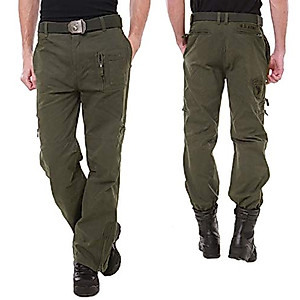 CRYSULLY Men's Casual Trousers Cotton Wild Cargo Pant Combat Wear Work Pants with Zipper Assault Pants Army Green