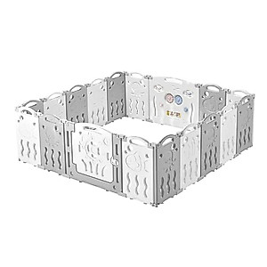 Albott Baby Playpen, Upgraded 18 Panels Foldable Baby Fence with Game Panel and Safety Gate, Adjustable Shape, Portable Baby Play Yards for Children Toddlers Indoors or Outdoors (White+Grey, 18 Panel)