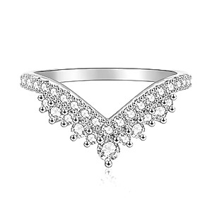 GLOQUAT Dainty Rings 925 Silver Plated Ring V Design Cubic Zirconia Stackable Rings Wedding Band with Clear CZ Statement Promise Rings Eternity Rings Diamond Fake Engagement Rings for Women Ring Size 5