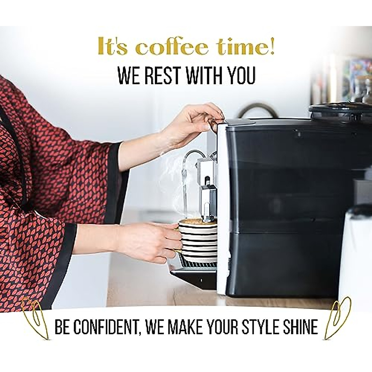 Monarca Set of 4 Mugs with Gold Tea Spoons, Ceramic with Real Gold Plated Handle, Aesthetic, Hand Painted 12 oz Elegance Colors Black, White and Gold