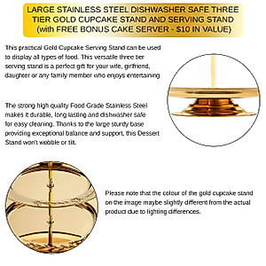 AKSHITHAA Large Food Grade Stainless Steel Three Tier Gold Cupcake Stand-Gold Dessert Stand-Gold Serving Tray-Three Tiered Gold Cake Stand for Weddings with Extra Gold Cake Server, Dishwasher Safe