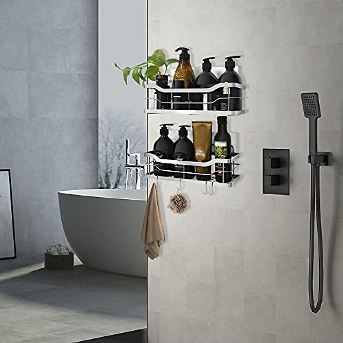 Sooreally Adhesive Shower Caddy Shelf Organizer, 2 Pack Bathroom Storage Rack with 8 Hooks and 3 Suction Stickers for Inside Shower, SUS304 Rustproof, No Drilling Wall Mounted (Polished Silver)