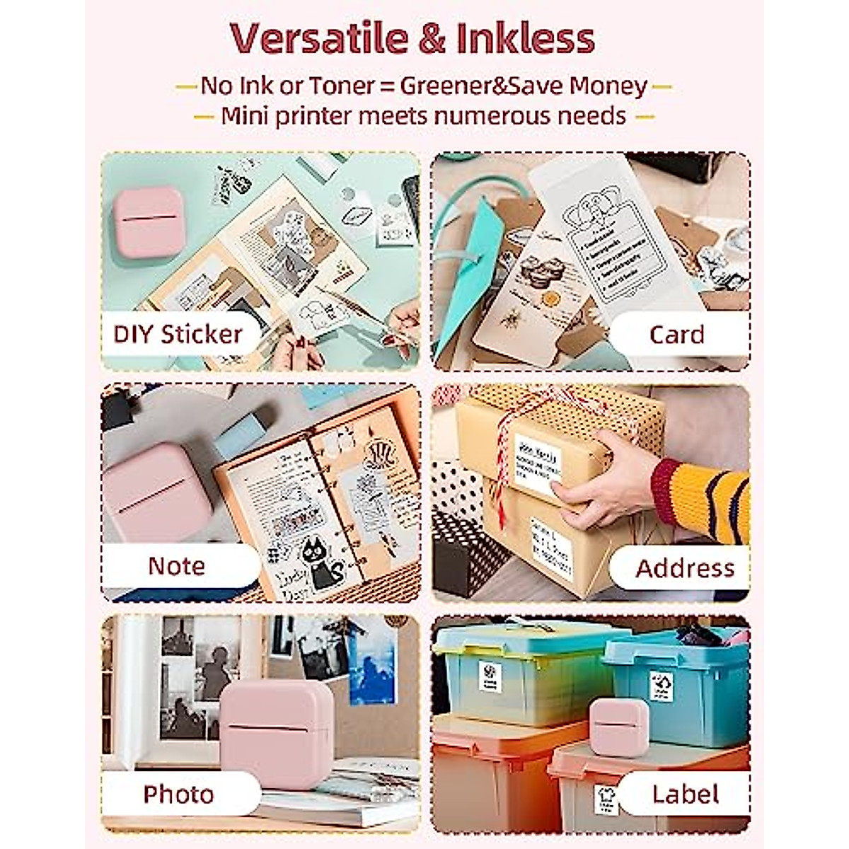 memolife 𝟐𝟎𝟐𝟑 𝐅𝐮𝐧 𝐆𝐢𝐟𝐭 Sticker Maker Machine - Mini Thermal Printer with 6 Rolls Non-Adhesive Paper (2in*21.3ft/Roll), Inkless Printer for iPhone & Android, Portable Mini Printer for DIY