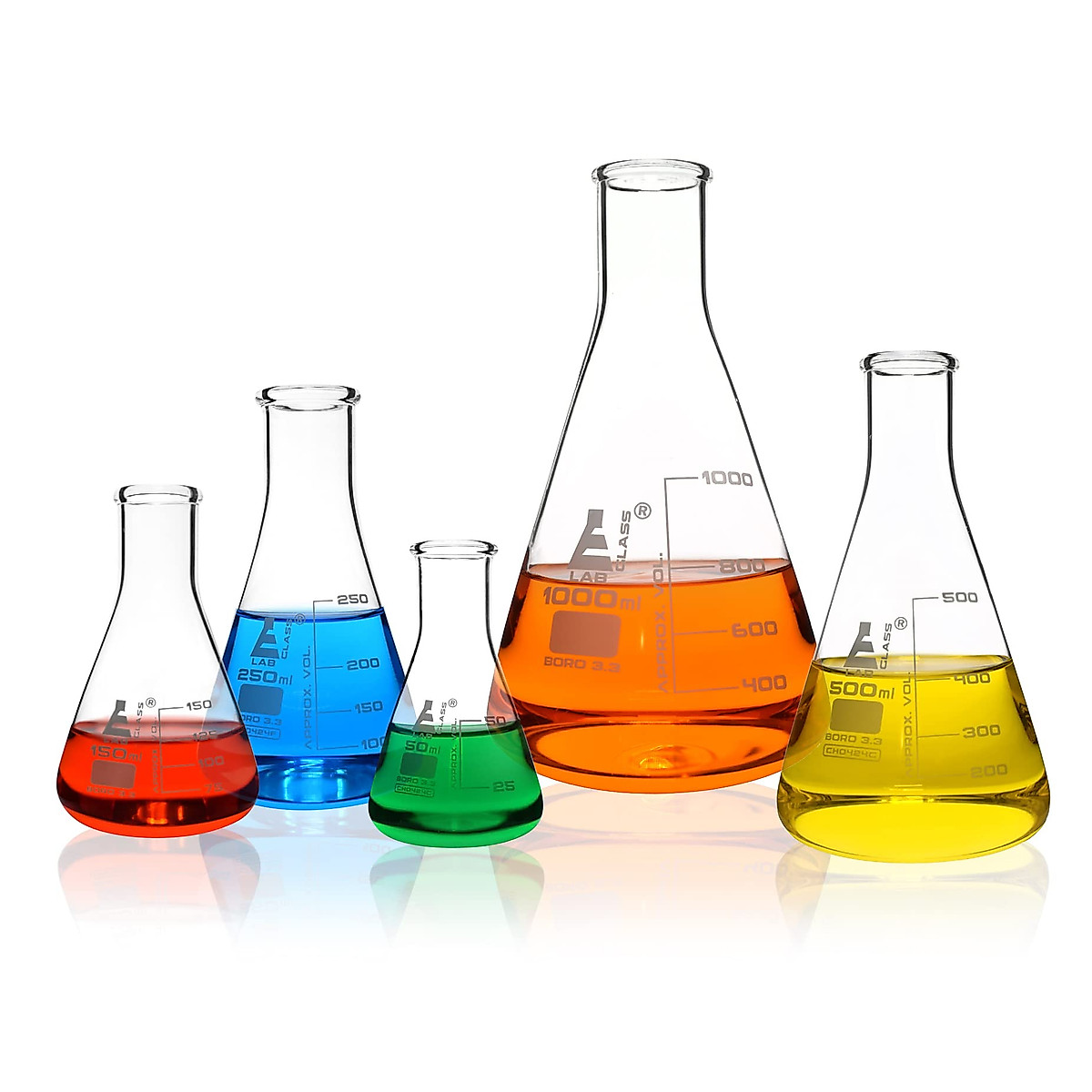 EISCO Premium Erlenmeyer Flask Set - 50ml, 150ml, 250ml, 500ml & 1000ml - Narrow Neck, White Graduations - Superior Durability & Chemical Resistance - Borosilicate 3.3 Glass