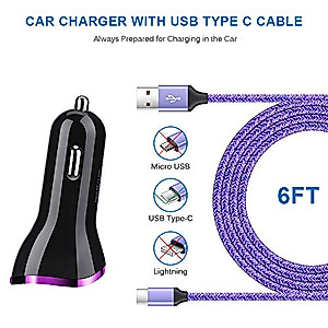 Type C Car Charger for Samsung Galaxy S23 A14 A04S A53 A13 A02S A12 A21 A10E A20 A32 A42 A50 A51 S22 S21 S20,LG Stylo 6 5 4 V60 K51 Velvet,Moto G Power G Stylus,Car Adapter+6ft Fast Charge USB C Cable