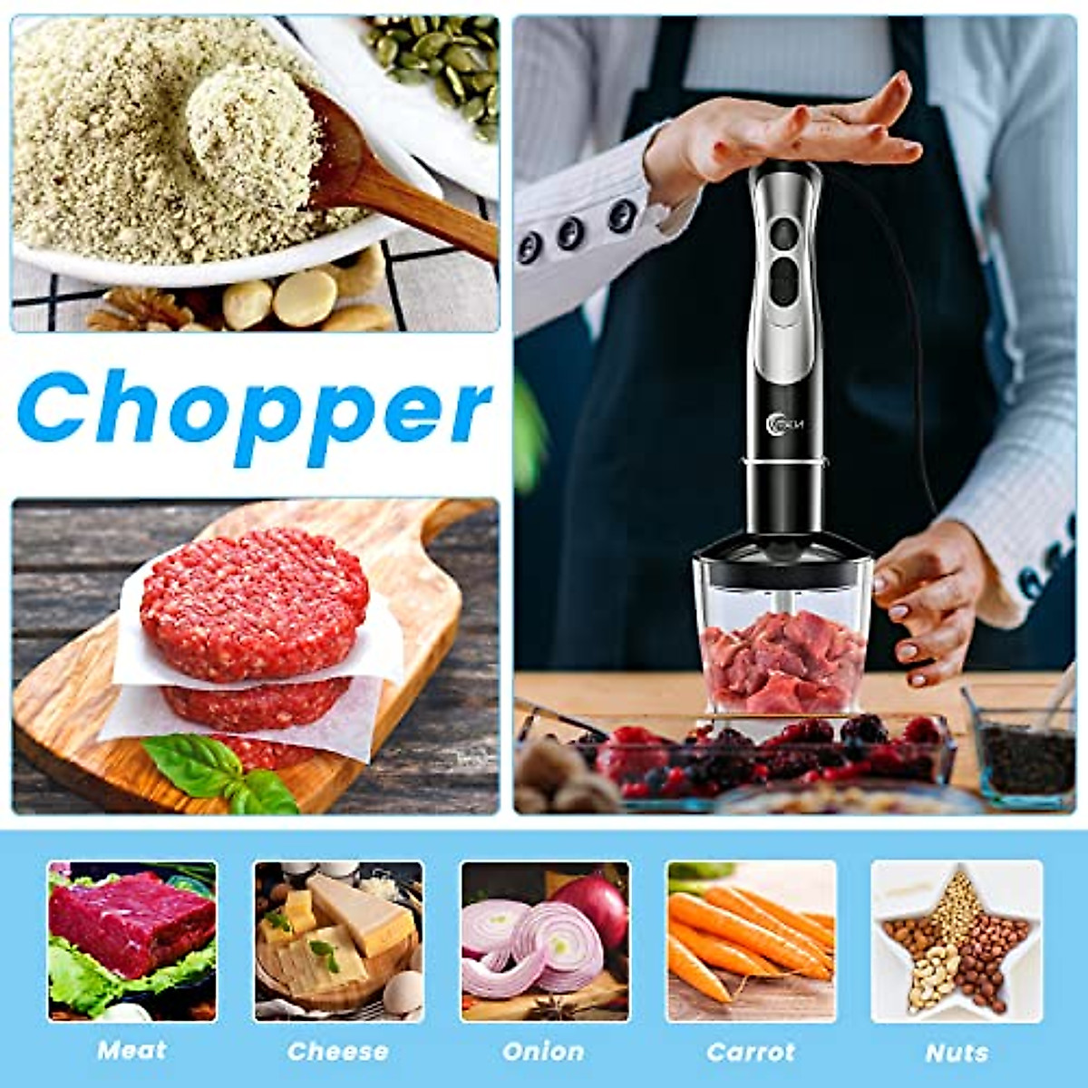 FKN Immersion Blender Handheld with 4 Interchangeable Blades,8 in 1 Hand Blender Electric with 500W Motor,8 Speed and Turbo Mode Handheld Blender Stick with 500ml Chopper,Mixing Beaker, and Whisk