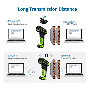 2D Bluetooth Industrial Barcode Scanner, Industrial Bar Code Reader with Wireless 433Mhz 1800 Feet Transmission Distance，for Intensive scanning of Large Warehouses