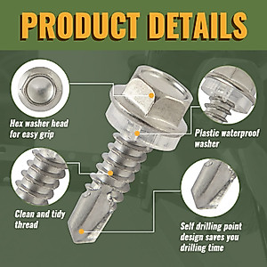 LIONMAX #10 × 1" Self Drilling Screws, Hex Washer Head Sheet Metal Screws, 304 Stainless Steel 18-8, Anti-Corrosion, 50 PCS