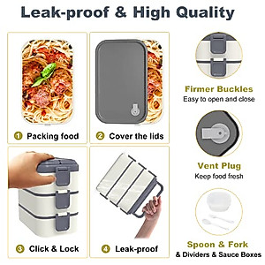 Kenuket Bento Box Lunch Box, Adult Lunch Container with 3L Large Capacity, Microwave Safe 3 Layers Stackable Lunch Box, Leakproof Food Container with Dividers and Sauce Boxes for Kids and Adults