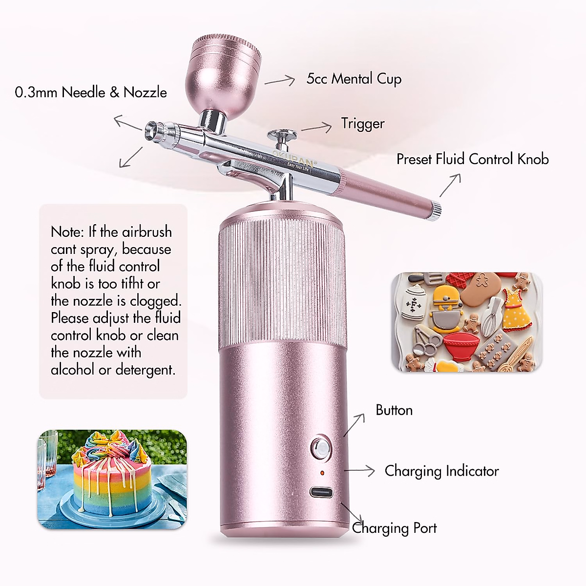 OKUPAN Nail Airbrush Machine - Cordless Airbrush Kit with Compressor - Portable Airbrush for Nails, Cake Cookies Decorating, Makeup, Barber, Model Painting (Pink)