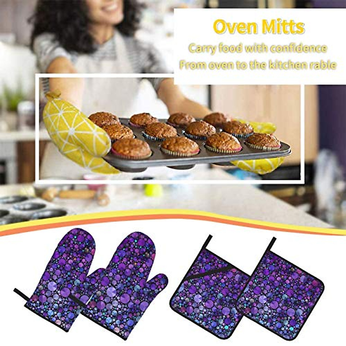 Purple Circles Oven Mitts and Pot Holders Set Heat Resistant Oven Gloves Flexible for Kitchen Cooking Baking Grilling Microwave