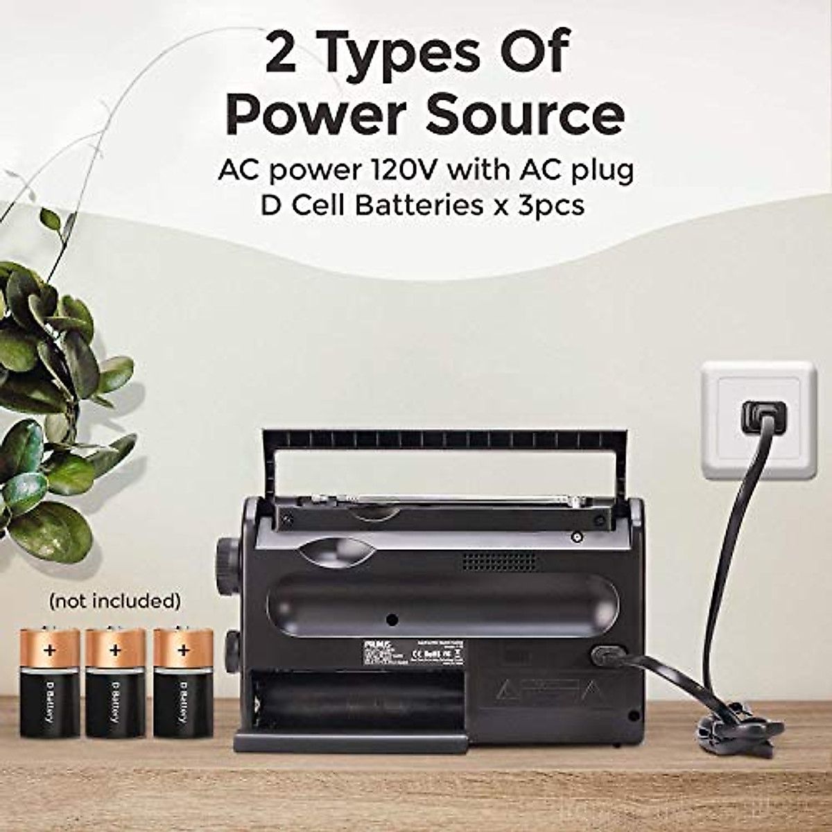 NOAA Weather AM FM Portable Radio with Best Reception, Transistor Radio, Battery Operated Radio by 3X D Cell Batteries or AC Power for Household & Outdoor, Plug in Wall by PRUNUS