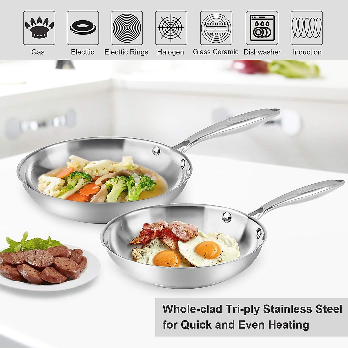 Fry Pan Set of 2 | 8" & 10" Tri-Ply Stainless Steel Frying Pan, Oven & Dishwasher Safe Classic Cooking Pan Cookware