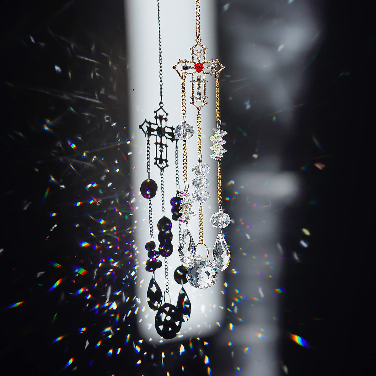 Window Hanging Crystals Suncatcher, Rainbow Prisms for Crystals, Glass Cross Shape Rhinestones Chandelier Wind Chime for Window