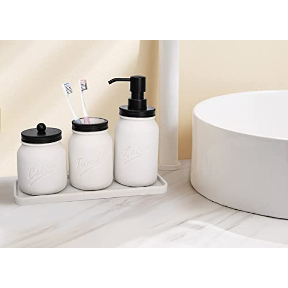 Bathroom Accessory Set,Mason Jar Bathroom Accessory Set, 4 Pcs Bathroom Accessory Set, White Quartz Sand, Include Lotion Dispenser &Tumbler& Cotton Jar&Tray