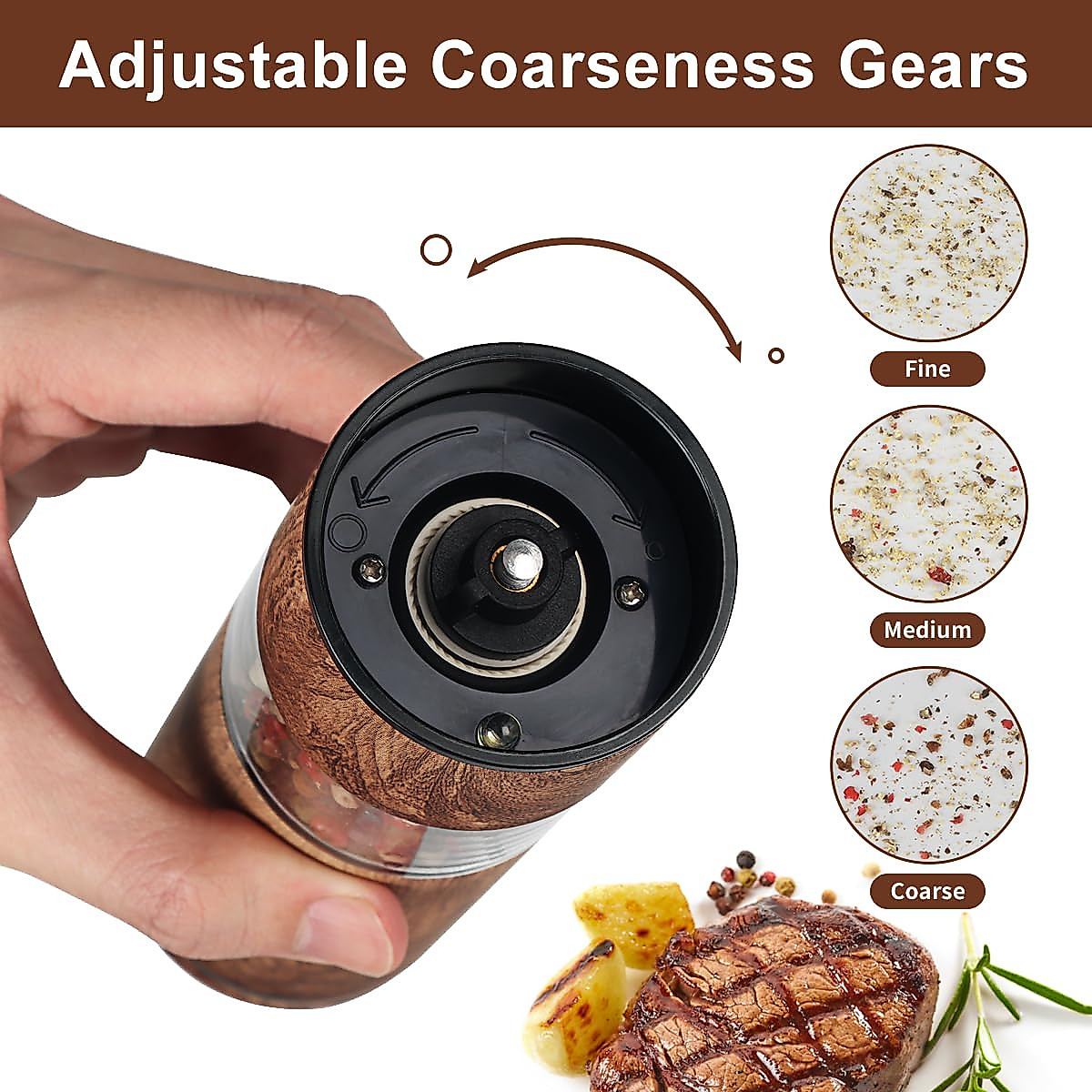 Electric Salt and Pepper Grinder Set, Battery Operated Pepper Mill with LED Light, Adjustable Coarseness, One Hand Operation, Salt and Pepper Shakers Set Electric (Wood Grain)