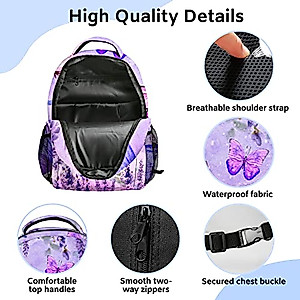 Lamtwbos Purple Butterfly Lavender Kids Backpacks for Girls Middle-School Elementary Bookbags 17 Inch Waterproof Lightweight Schoolbag for Kids