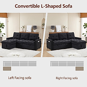 Nonlita Sofa Bed,Convertible Sectional Sofa Bed with USB and Tape-C Charging Port,L-Shaped Sleeper Sofa with Reclining Storage and Arm Side Organizer Pockets Feature,for Living Room, Apartment,Black