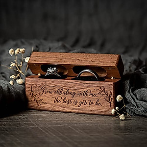 MUUJEE Grow Old With Me Double Ring Box - Engraved Slim Wooden Ring Case Box for Wedding Ceremony Engagement Proposal Ring Bearer Box - Anniversary Birthday Gift Ideas