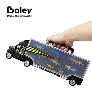 Boley 14 Piece 16" Dinosaur Transport Truck Carrier - Miniature Dino Figures with Semi Truck Trailer Toy - Loadable Miniature Dinosaurs with Portable Truck and Collapsible, Easy-to-Hold Handle