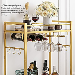 TUTOTAK Bar Cart, Serving Cart for Home, Microwave Cart, Drink Cart, Mobile Kitchen Shelf with Wine Rack and Glass Holder, Rolling Beverage Cart, Gold BC01BB031