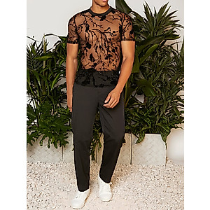 WDIRARA Men's Floral Print See Through Round Neck Short Sleeve Mesh Tshirt Party Top Black XL