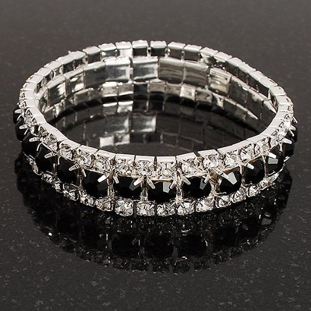 Avalaya Black & Clear Diamante Flex Bracelet (Silver Tone Metal) - 18cm Length
