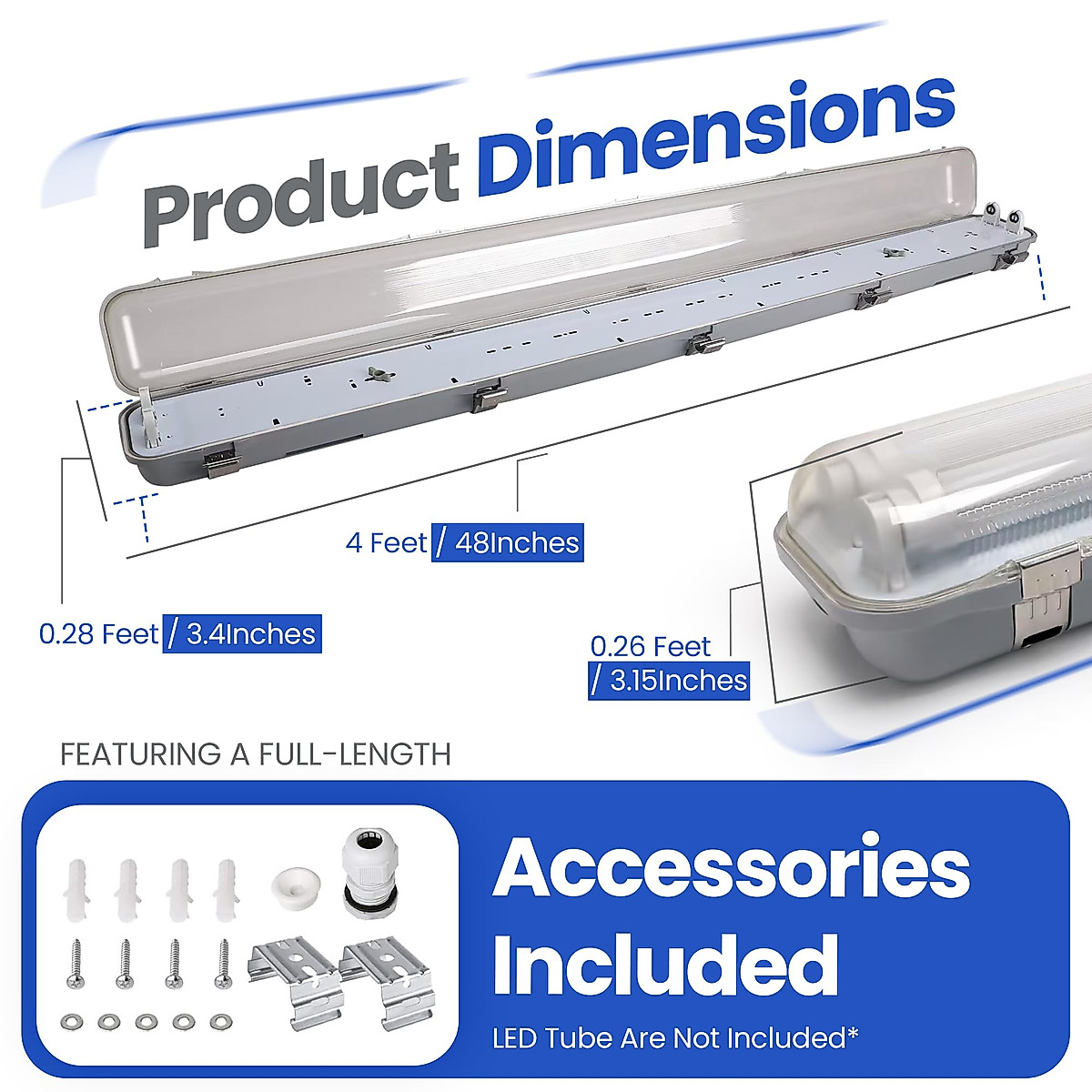 Inara 4ft LED Shop Light Fixture – T8 Vapor Tight IP65 Waterproof Lighting, Clear Cover, Garage, Parking Structures, Freezers, Walkways, Underground Structures, Commercial Grade 120V (1)