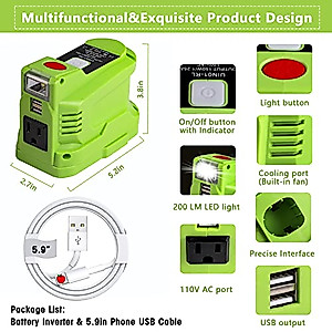 Powered Inverter Generator for Ryobi 18V Volt Battery, 150 Watt Portable Power Inverters with Dual USB & LED Light, DC 18V to AC 110~120V with AC Outlets, Modified Sine Wave Power Inverter