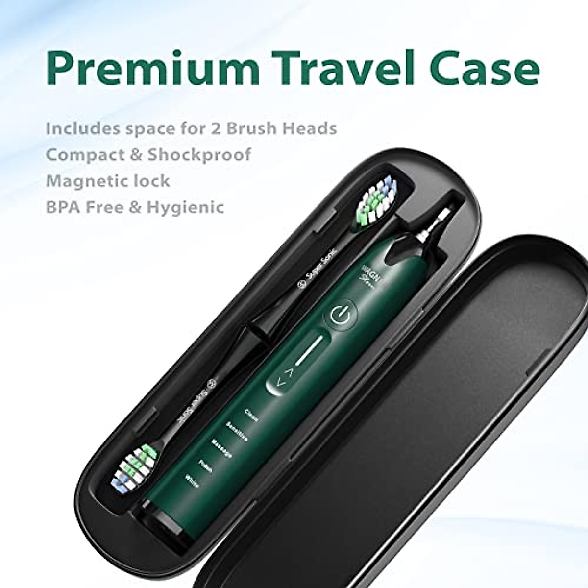 Wagner Stern Ultrasonic whitening Toothbrush with Pressure Sensor. 5 Brushing Modes and 4 Levels of Intensity, 8 Soft bristles, Travel case.