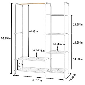 TZAMLI Clothing Rack with 6 Shelves, Heavy Duty Clothes Rack Garment Rack with Hanging Rod, Free-Standing Closet Organizer Storage Shelf (White-6 Tier)